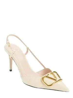 Valentino Garavani Vlogo Signature Croc-embossed Slingback Pumps - Butter White