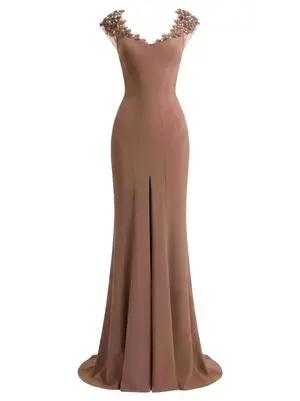 GEMY MAALOUF Beaded Neckline Maxi Dress - Brown