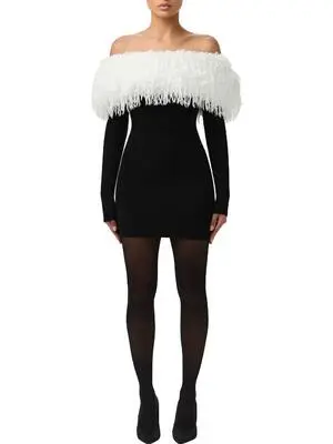 Naked Wardrobe Faux Feather Trim Mini Dress - Black/white