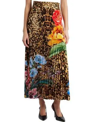 Elie Tahari Louise Pleated Satin Midi Skirt - Sahara Desert Print