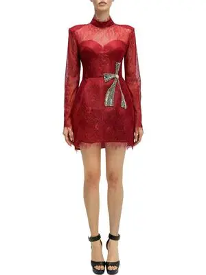 ARAFTU Lace Mini Dress With Bow Detail - Red