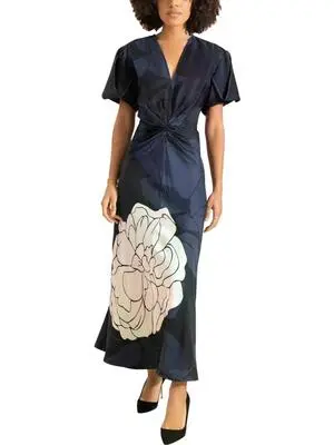 Victoria Beckham Gathered V-neck Midi Dress - Blue