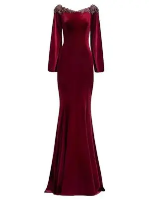 GEMY MAALOUF Long-sleeve Velvet Maxi Dress - Red