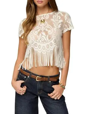 EDIKTED Lace Fringe Crop T-shirt - Cream