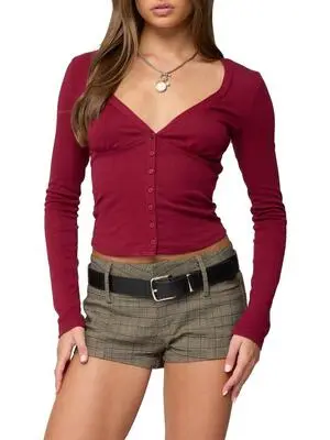 EDIKTED Deep V-neck Button-up Top - Burgundy