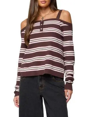 EDIKTED Striped Off-the-shoulder Sweater - Brown