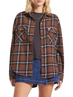 Brixton Bowery Plaid Cotton Flannel Overshirt - Pinecone Brown/black/borrowed