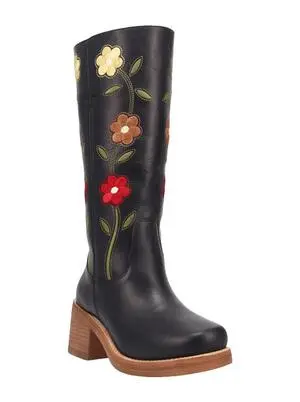 DINGO Embroidered Block Heel Boots Black