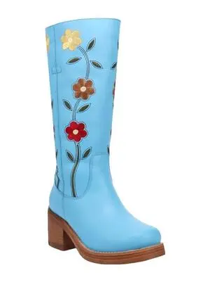 DINGO Embroidered Block Heel Boots Blue