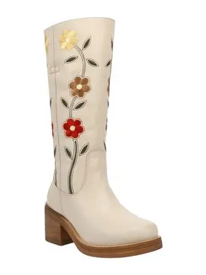 DINGO Embroidered Block Heel Boots Off White