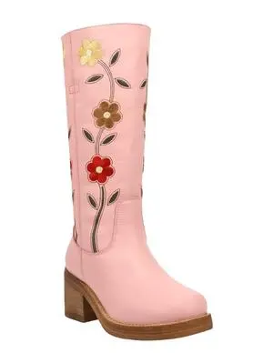 DINGO Embroidered Block Heel Boots Pink