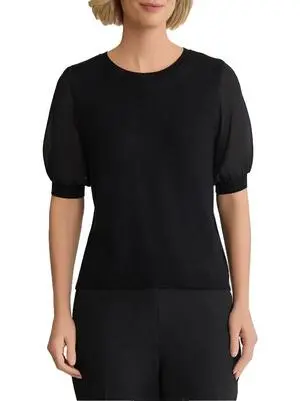 KASPER Mixed Media Sweater With Puff Sleeves - Black