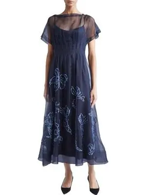 Lela Rose Ikat Floral Embroidered Silk Organza Dress - Navy/blue