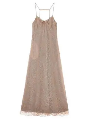 Emporio Armani Tulle Dress With Lurex Flower Embroidery - Brown / Neutral