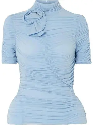 Magda Butrym Ruched Appliquéd Stretch-mesh Peplum Turtleneck Top - Blue
