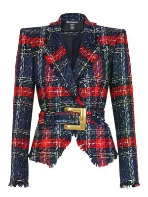 Balmain Belted Plaid Tweed Jacket - Blue