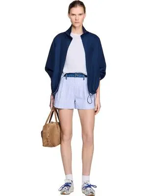 Sandro Striped Flared Shorts With Denim Belt - Blue / Green