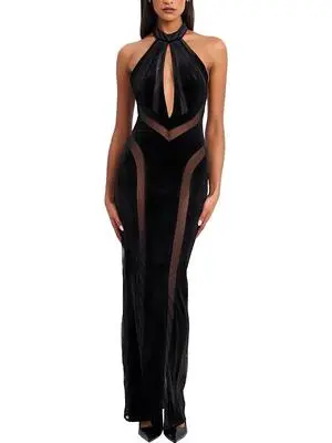 MISS CIRCLE Velvet Mesh Cutout Halter Gown - Black