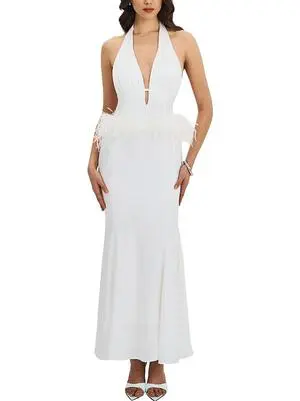 MISS CIRCLE Solene Pleated Halter Feather-trim Maxi Dress - White