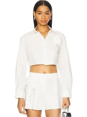 AREA Crystal Rosette Poplin Cropped Shirt - Off White