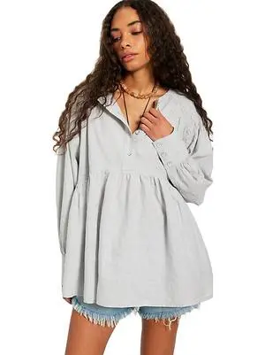 Free People Alana Linen Tunic - Blue And White Combo