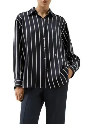 Lilysilk Silk Twill Striped Shirt - Navy&white Stripe