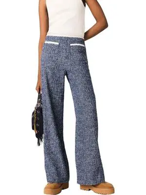 Maje Tweed Wide-leg Trousers - Navy