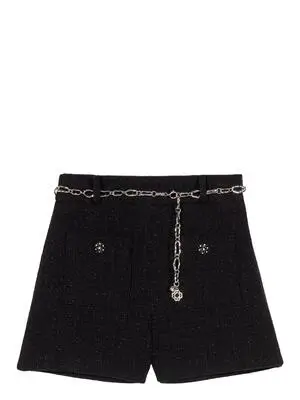 Maje Metallic Tweed Shorts With Chain Belt - Black