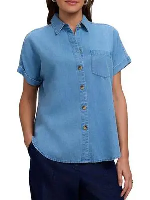 Foxcroft Abigail Short Sleeve Denim Button-up Shirt - Bleach Wash Blue