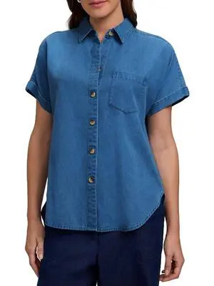 Foxcroft Abigail Short Sleeve Denim Button-up Shirt - Medium Wash Blue