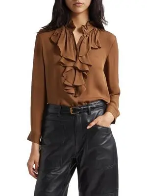NILI LOTAN Lily Ruffle Silk Shirt - Cognac