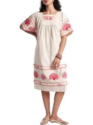 FRANCES VALENTINE Peacock Embroidered Picnic Midi Dress - Oyster/multi