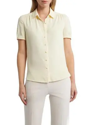 Anne Klein Shirred Short Sleeve Button-up Shirt - Whisper Yellow
