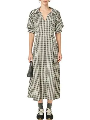 English Factory Gingham Seersucker Shirtdress With Puff Sleeves - Black