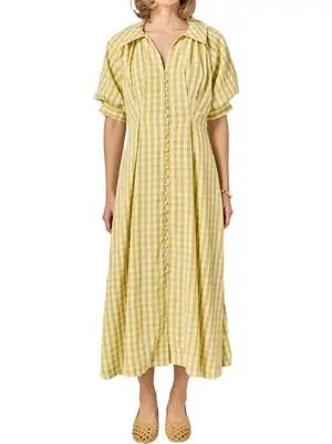 English Factory Gingham Seersucker Shirtdress With Puff Sleeves - Pistachio
