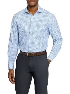 W.R.K Slim Fit Blue Geometric Print Performance Dress Shirt - White/blue