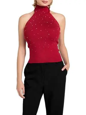 Guess Minara Rhinestone Turtleneck Halter Sweater - Red