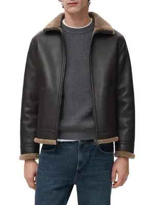 Mango Fleece Lined Faux Leather Bomber Jacket - Chocolate