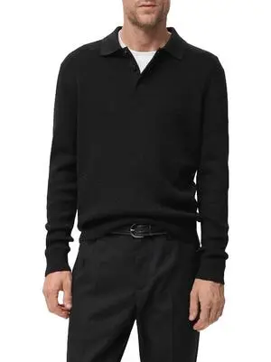 Mango Texture Long Sleeve Polo - Black