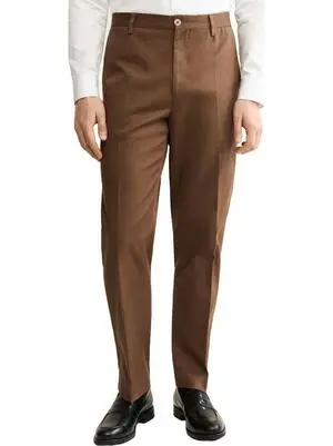 Mango Regular Fit Pleated Stretch Cotton Trousers Orange Brown