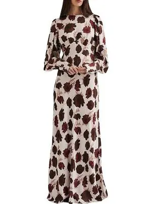 MALINA Alize Long Sleeved Satin Maxi Dress - Wine Peony