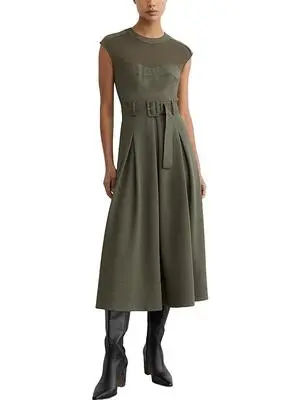 REISS Ava Belted Midi Dress - Khaki Green
