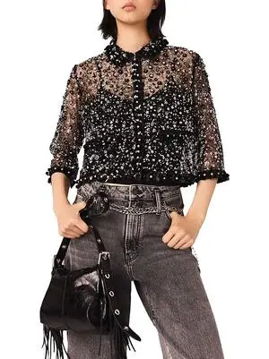 Maje Sequinned Tulle Shirt - Black