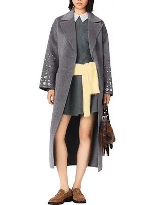 Maje Rhinestone Embellished Double Faced Coat - Grey