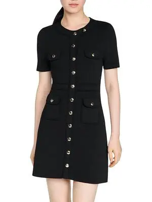 Sandro Sis Button Up Knit Mini Dress - Black