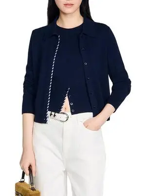 Sandro Dantes Striped Trim Wool Cardigan - Navy Blue