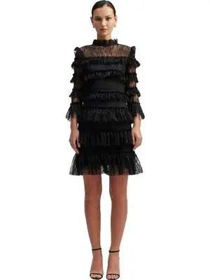 MALINA Carmine Mini Frill Lace Dress - Black