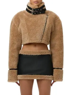 Naked Wardrobe Reversible Faux Shearling Crop Moto Jacket - Black/tan