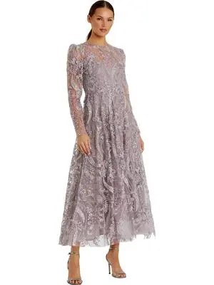 Mac Duggal Embroidered High Neck Long Sleeve Dress - Mauve