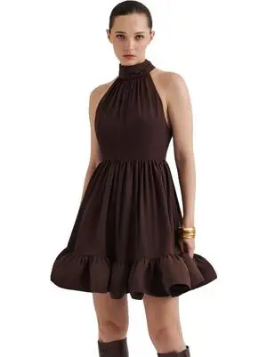 MALINA Halterneck Ruffled Mini Dress - Chocolate